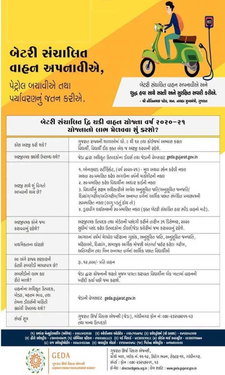 GEDA e Vehicle Subsidy Yojana | ઈલેક્ટ્રીક વાહન યોજના